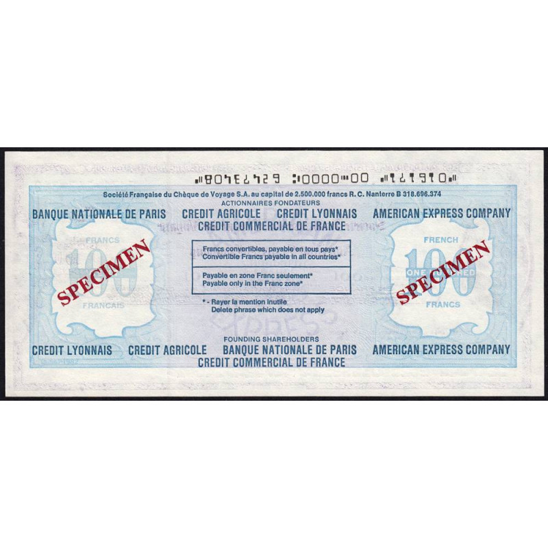 Société Française du chèque de voyage - 100 francs - 1985 - Spécimen ...