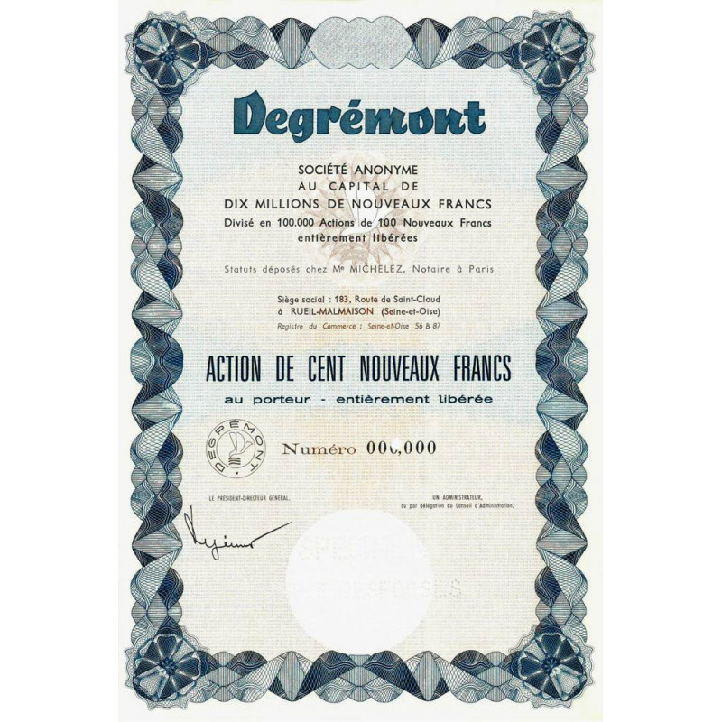 Degrémont - 100 NF - 1962 - Spécimen - SUP+